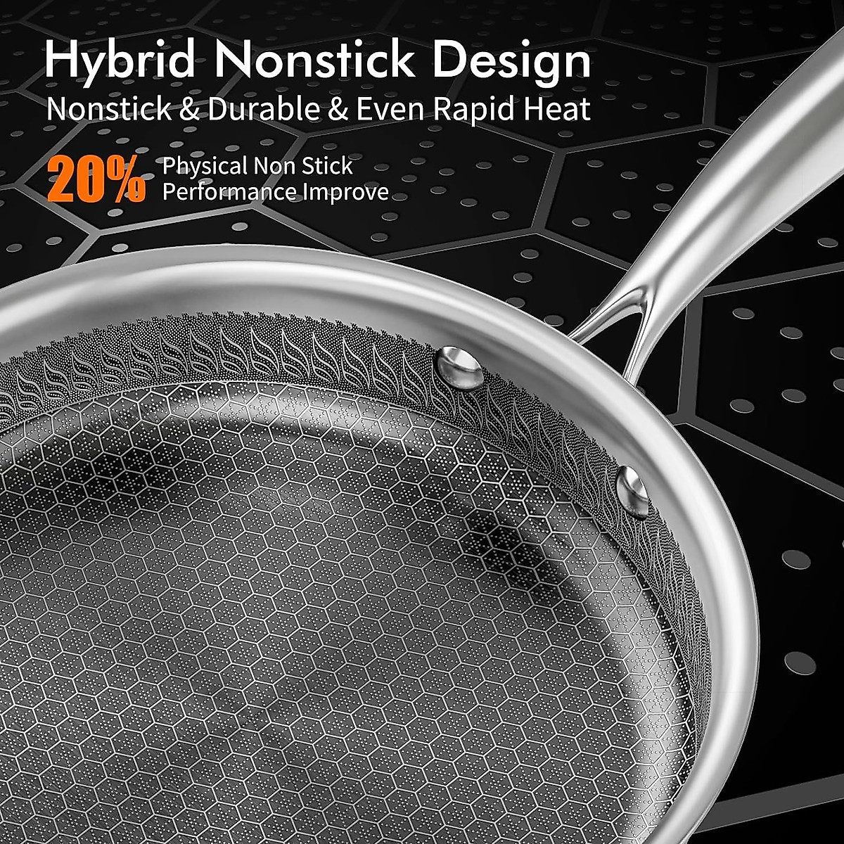 AuFranc® Hybrid Nonstick Stainless Steel Pots and Pans Set, Induction Cookware Set with Tempered Glass Lids, Non-stick Pot and Pan Set Suitable for All Cooktops, Non-Toxic, Dishwasher & Oven Safe