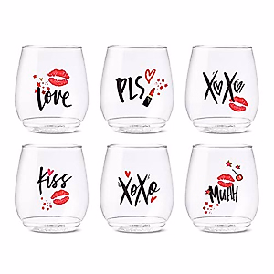 TOSSWARE POP 14oz Vino XOXO Series, SET OF 6, Premium Quality, Recyclable, Unbreakable & Crystal Clear Plastic Printed Glasses