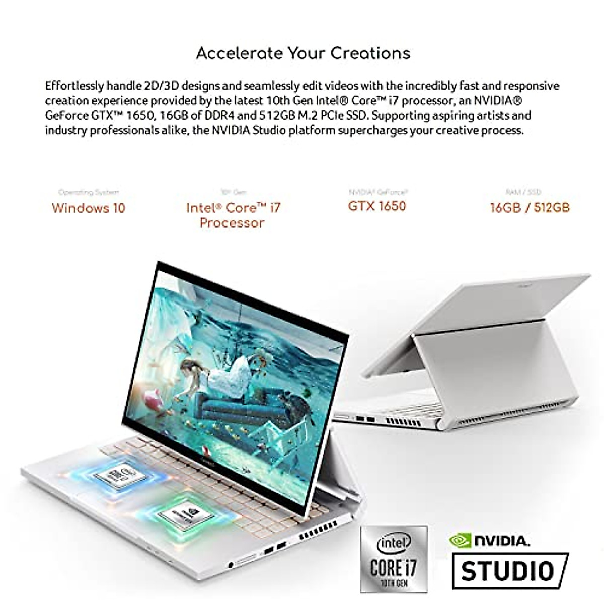 Acer ConceptD 3 Ezel CC314-72G-72SX Convertible Creator Laptop, Intel i7-10750H, GeForce GTX 1650 Max-Q, 14" FHD, Gorilla Glass, Pantone Validated, 100% sRGB, 16GB, 512GB NVMe SSD, Wacom AES 1.0 Pen