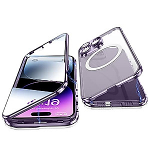 Case for iPhone 14 Pro Max, Jonwelsy 360 Degree Double-sided Protection Compatible with Magsafe Magnetic Adsorption Metal Bumper Front Tempered Glass Back Frosted PC Cover for 14 Pro Max 6.7" (Purple)