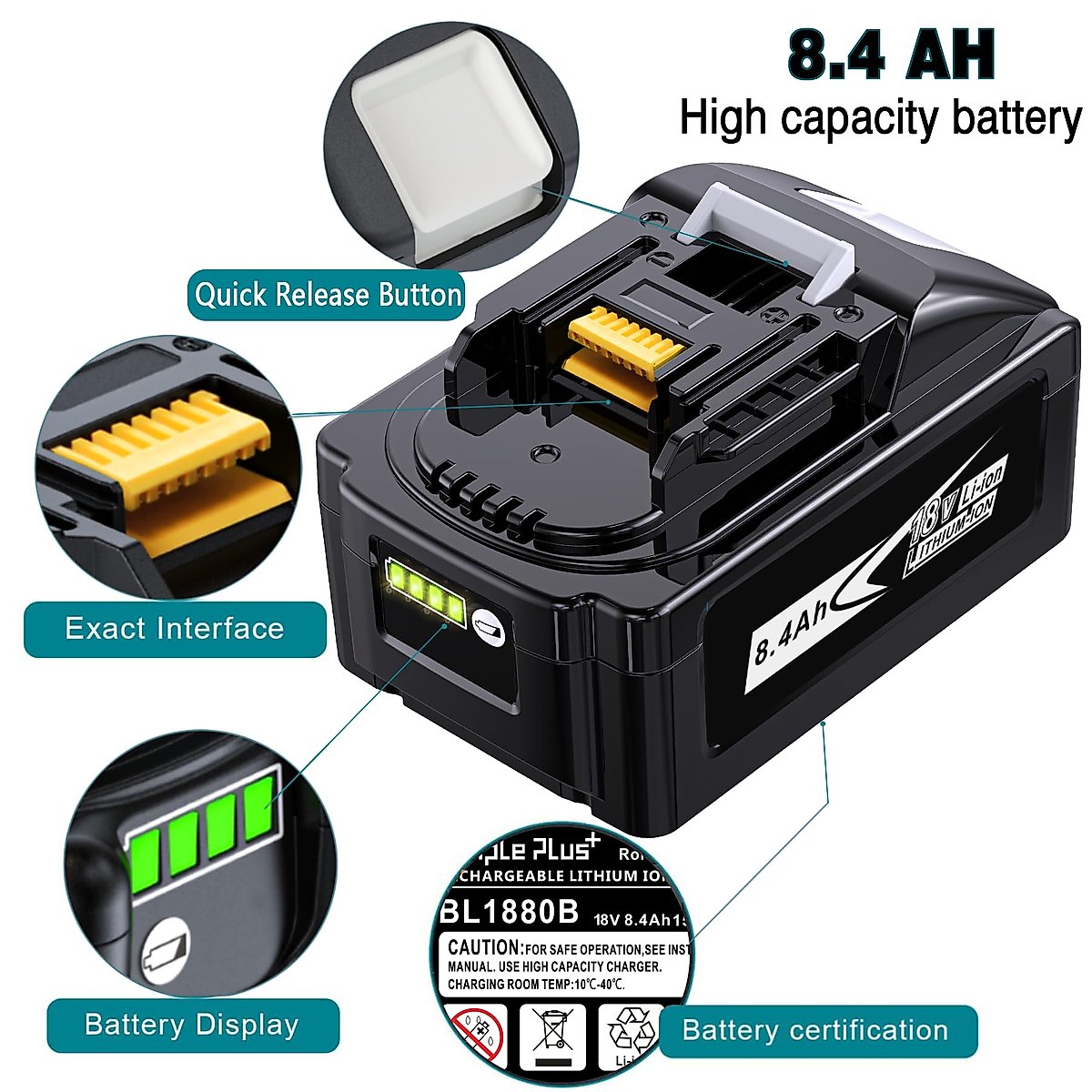 Simple Plus+ Replace for Makita 18V 8.4Ah LXT Lithium-ion Battery Real Capaticy MOLICELL INR-P42A Cell, Extra Long Runtime Compatible with Makita 18V LXT Power Tools and Chargers