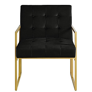24KF Modern Black Velvet Button Tufted Accent Chair with Golden Metal Stand, Decorative Furniture Chairs for Living Room Bedroom - Black