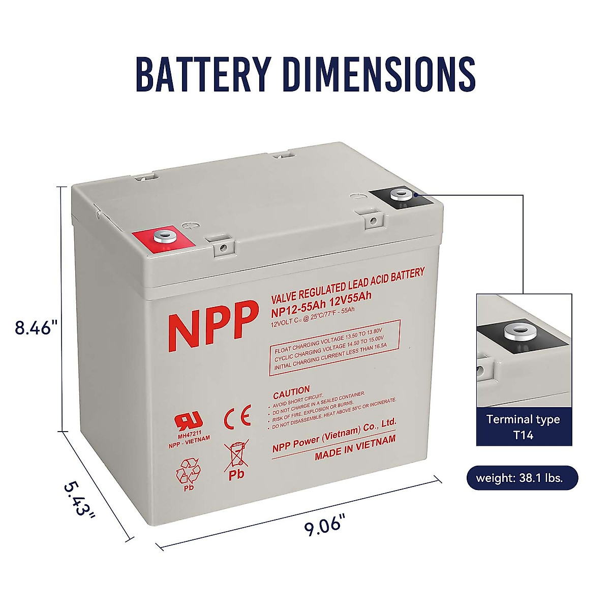 NPP 12V 55Ah SLA AGM Rechargeable Battery with T14(M6) Terminal, Deep Cycle Replacement Lead Acid Battery for Electric Wheelchair, Mobility Scooter, Jazzy Select, Off-Grid Solar System