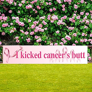 GENERC Large I Kicked Cancer's Butt Banner, Pink Ribbon Party Sign Decoration Hope Strength Courage Faith Backdrop for Breast Cancer Awareness Party Decoration Supplies - 118'' x 19.7''