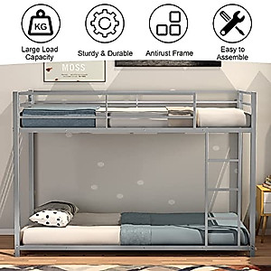 DORTALA Bunk Bed Twin Over Twin, Twin Bunk Beds w/Guardrail & Ladder, Metal Bunk Bed for Dormitory & Multiple-Child Family, Twin Bunk Beds for Toddler, Kids, Silver