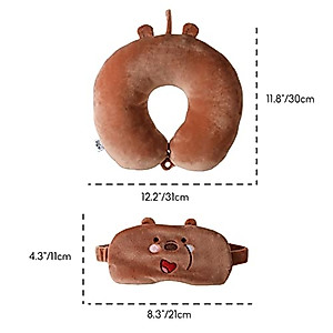 MINISO Travel Neck Pillow with Eye Mask, We Bare Bears Memory Foam Neck Support Cartoon Pillow Valentine's Day Gift for Traveling, Sleeping, Airplane, Car, Home & Office(Grizzly)