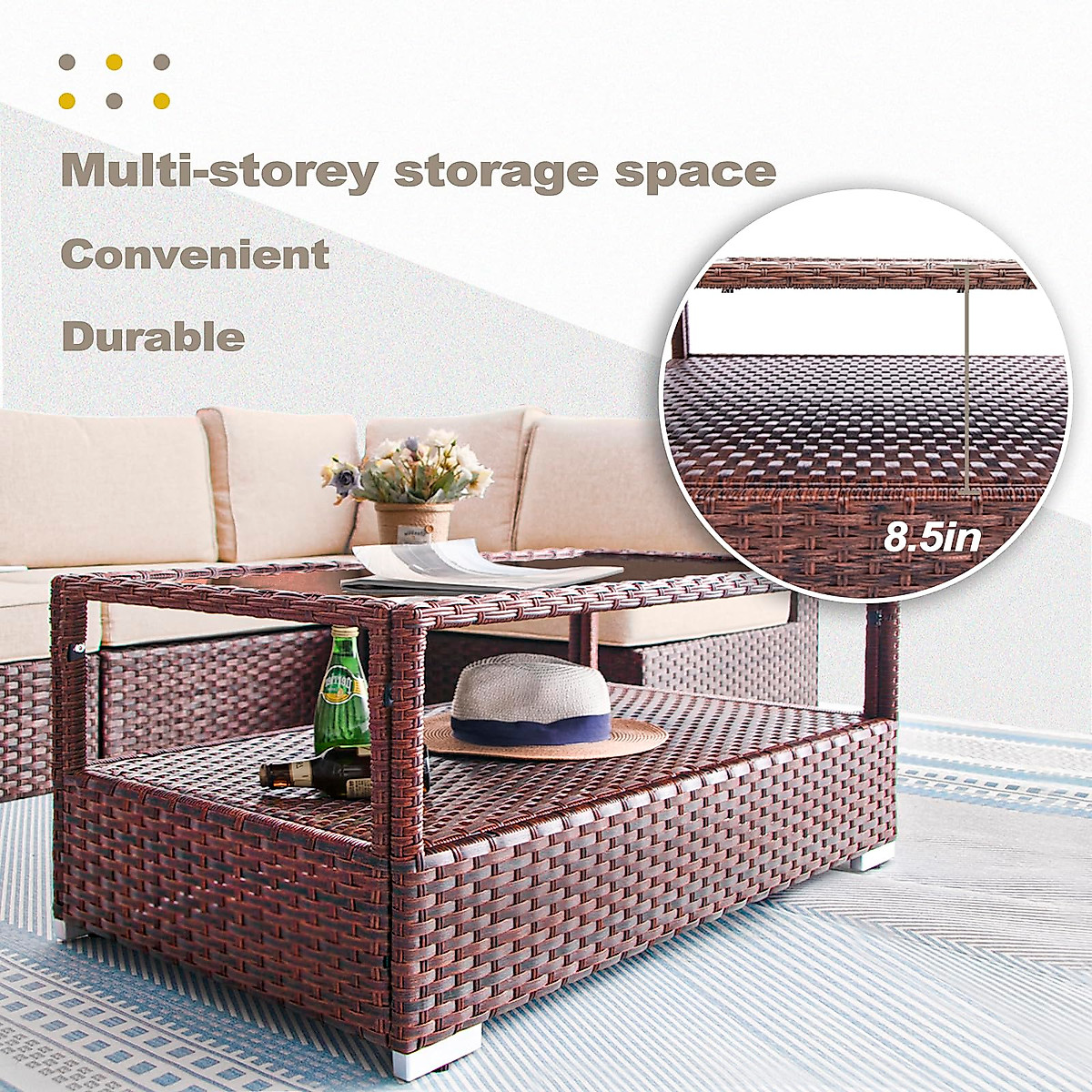 DIMAR GARDEN Outdoor Coffee Table Wicker Patio Rattan Side Table with Glass Top and Storage Shelf,40in Mixed Brown