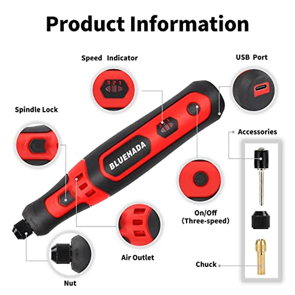 BLUEHADA Cordless Rotary Tool 3 Variable Speeds 55 Pcs Easy-to-Replace Accessories Multi-Purpose 3.6V Power USB Rotary Tool for Drilling Sanding Polishing Cutting, DIY Crafts, YGIRT001
