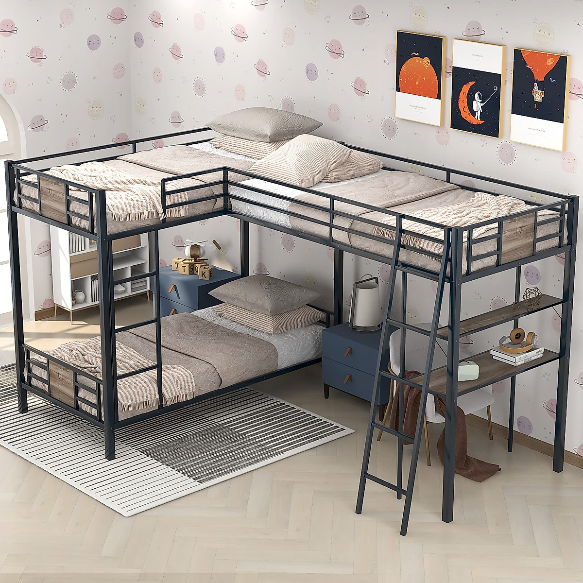 Polibi L-Shaped Metal Corner Bunk Bed with Two Ladders, Twin Over Twin Bunk Bed with Twin Loft Bed w/Desk and Shelf