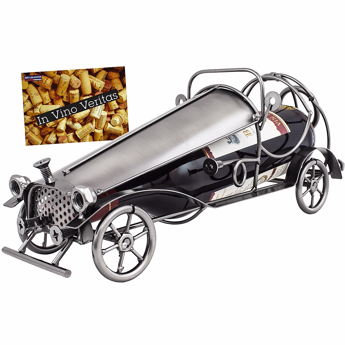 BRUBAKER Wine Bottle Holder Classic Car - Metal Sculpture - Wine Rack Decor - Tabletop - with Greeting Card