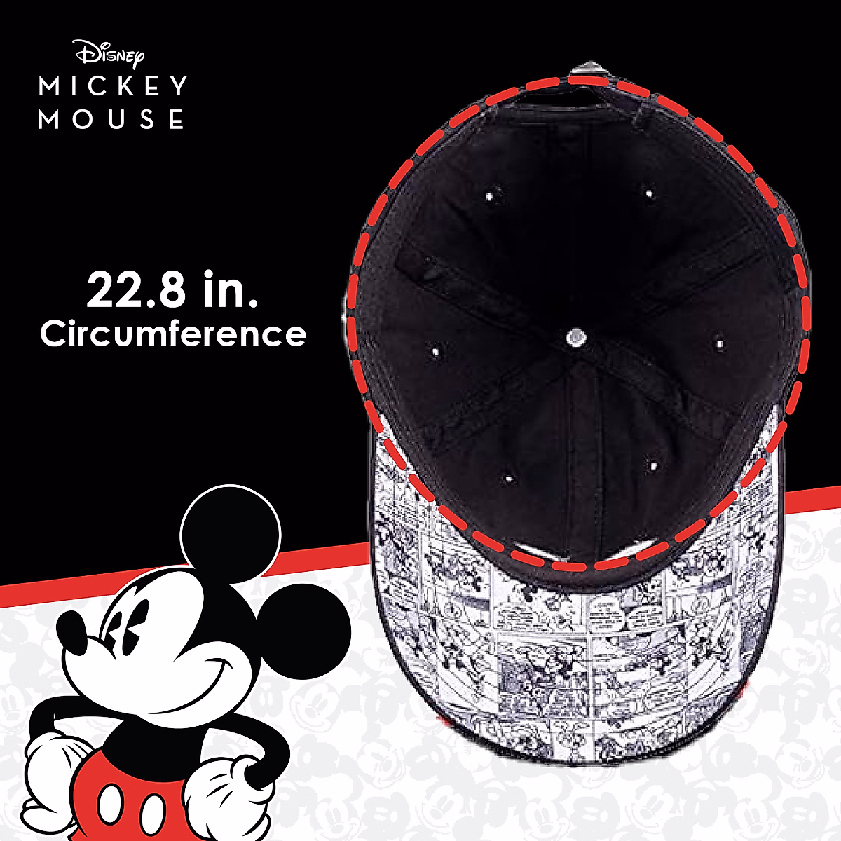 Disney Mickey Mouse Dad Hat, Peek-A-Boo Embroidered Adult Baseball Cap with Comic Strip Print Curved Brim, Black, One Size