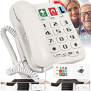 Big Button Phone for Seniors, Telephones for Hearing Impaired, 9 Picture Labels and 3 Picture Keys, Extra Long 16.4' Cord Simple Landline Phones for Seniors, White