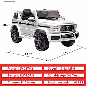 TOBBI 12V Kids' Electric Vehicle, Licensed Mercedes Benz G63 Electric Car for Kids, Kids Ride On Car Parents Remote Control, Openable Doors/Spring Suspension System/Music's Play & Led Lights-White