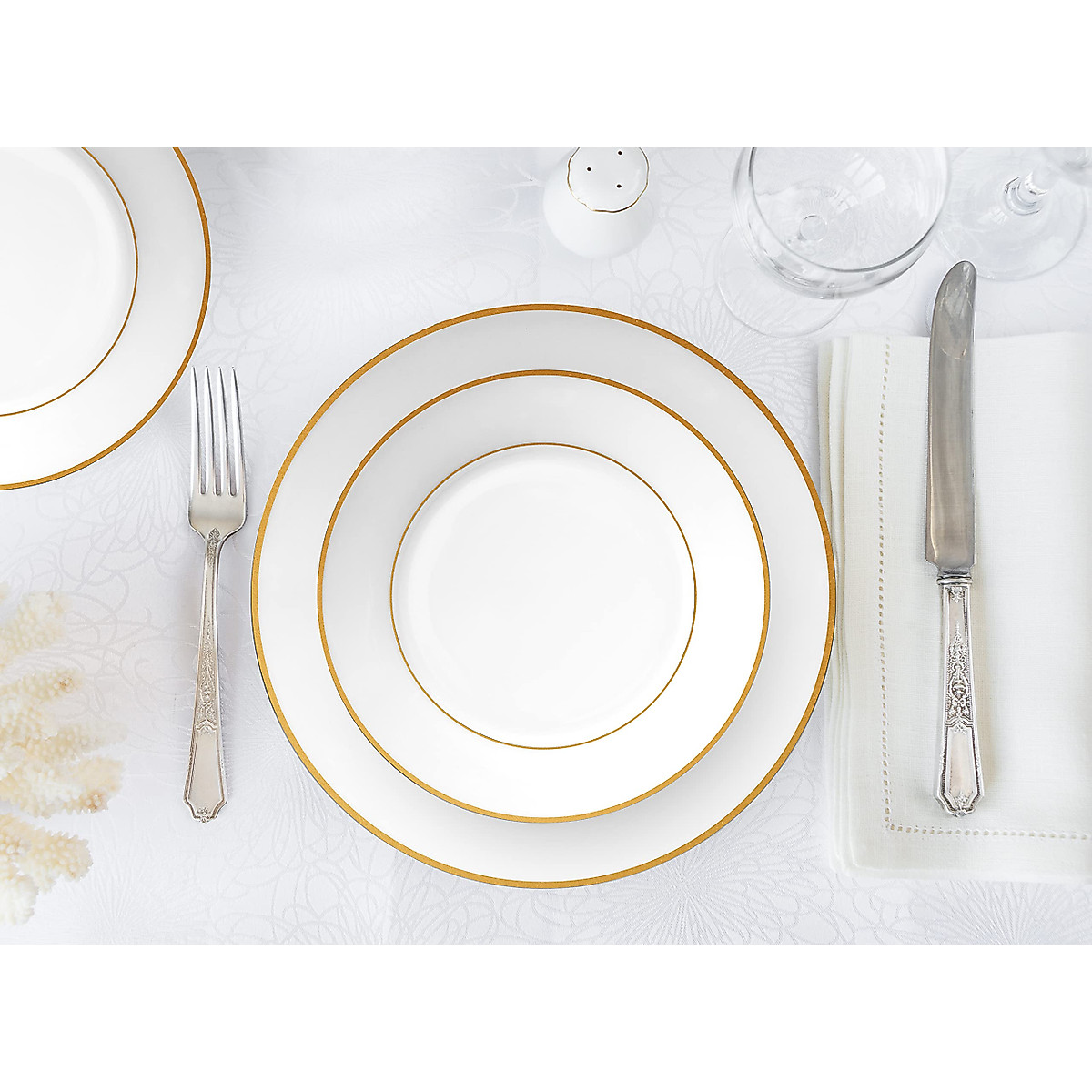 Bone China Dinnerware, 20PC Set, Service for 4, Double Gold Rim, White, Microwave Safe, Elegant Giftware, Dish set, Essential Home, Everyday Living, Display, decoration, Kitchen Dishes, Dinner set