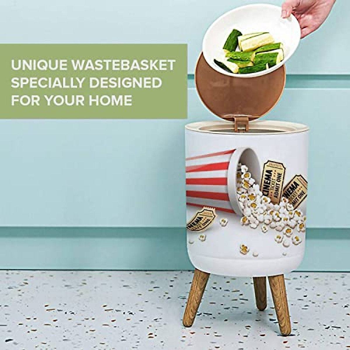 Small Trash Can with Lid Popcorn in paper bucket Full cup for snacks in movie theater fast Garbage Bin Round Waste Bin Press Cover Dog Proof Wastebasket for Kitchen Bathroom Living Room 1.8 Gallon