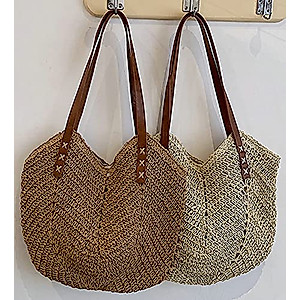 Summer Casual Straw Tote Bag Large Capacity Woven Shoulder Handbag for Summer Beach Vocation (A-beige)