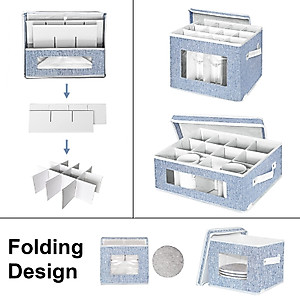 China Storage Containers,Wine Glass Mug Plate Dish Stemware Storage Box with Dividers,Hard Shell Dinnerware Case with 24 Felt Protectors for Crystal Glassware,Coffee Cup,Bowl Packing & Moving (Blue)