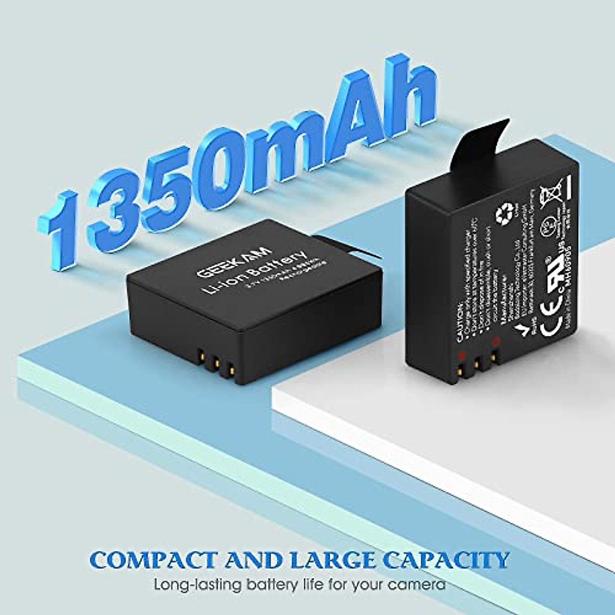 GeeKam Action Camera Battery, 2x1350mAh Rechargeable Battery for Sports Camera, Compatible for AKASO EK7000, WOLFANG GA100/GA200/GA300, Campark, Crosstour, Apeman, Victure, SJ4000