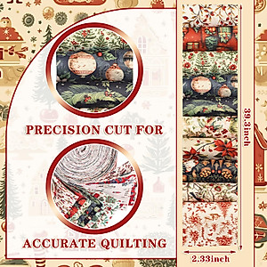 Fanfanwin 40 Pcs Vintage Christmas Quilting Fabric Jelly Fabric Squares 2.56 Inch Christmas Fabric Roll Precut Patchwork Snowflake Reindeer Fabric Strips for Xmas Craft Sewing DIY