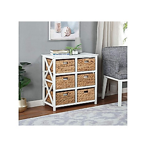 eHemco 3 Tier X-Side End Storage Cabinet, table with 6 Wicker Baskets for bedroom, living room in White