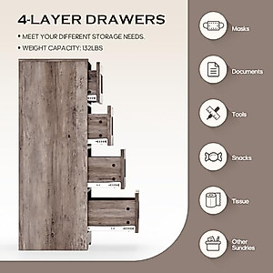 Gecheer Free-Standing Cabinet Wooden Floor Storage Organizer Tall Storage for Bathroom, Living Room with 4 Drawers and 1 Adjustable Shelf