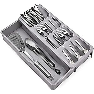 Kitchen Drawer Organizer Silverware Organizer for Kitchen Storage Tray Box for Cutlery Spoon Knife and Fork Partition Storage Gray