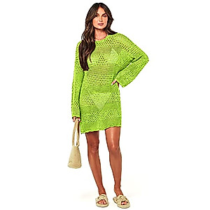 ANRABESS Women Swimsuit Crochet Swim Cover Up Summer Bathing Suit Swimwear Knit Pullover Beach Dress 958yingguanglv-L