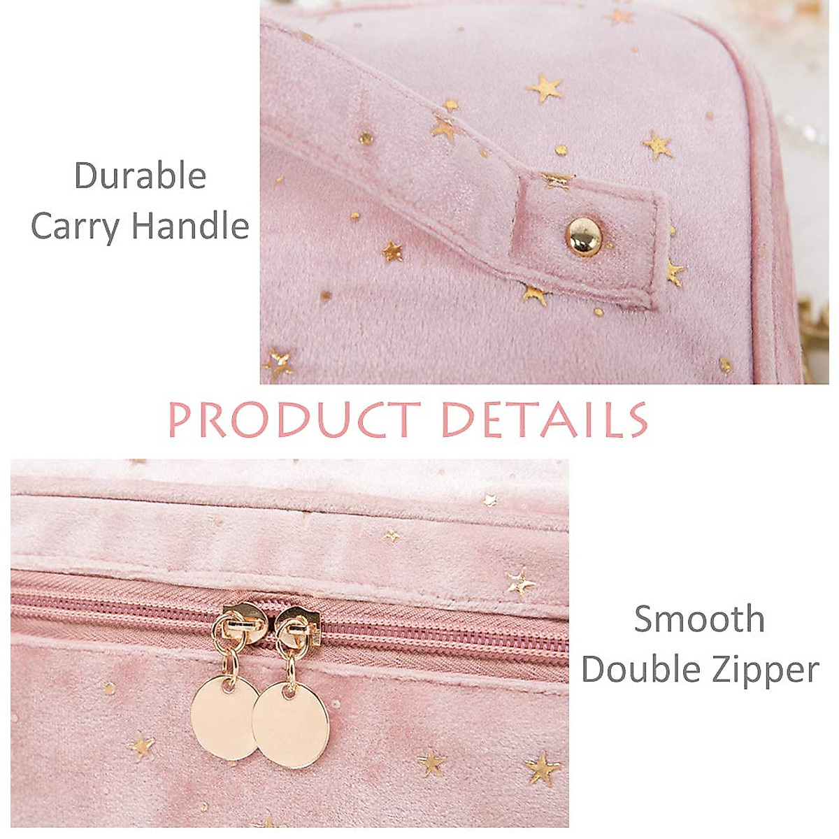 HOYOFO Velvet Makeup Bag with Handle Cosmetic Bags with Makeup Brush Holder Travel Make up Bag for Women, A Pink