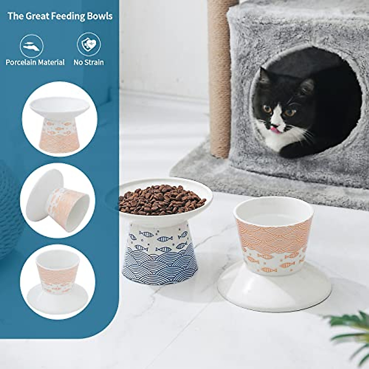 6.25 Inch Extra Wide Raised Ceramic Cat Bowls, Round Food and Water Bowls for Elder Big Cats and Small Dogs, Elevated Heavy Sturdy Base Pet Feeder Dish, Stress Free, Protect Cat's Spine, Set of 2