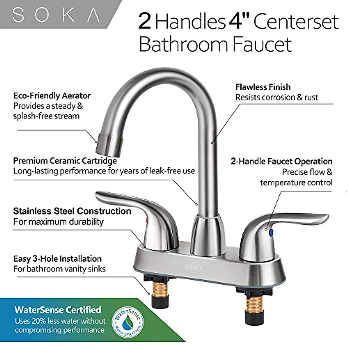 SOKA Centerset Bathroom Sink Faucet Two Handles High Arc 4" Lavatory Bath With Deck Plate & Pop-Up Drain Fit 3 Hole Installation, Brushed Nickel (SK18001NY)