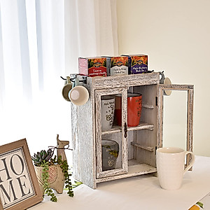 Ikee Design Small Wooden Countertop Storage Cabinet with Adjustable Shelves and Removable Hooks, Perfect for Perfume, Pantry, Essential Oil, 10.4W x 6.1D x 14.4H in, Antique White