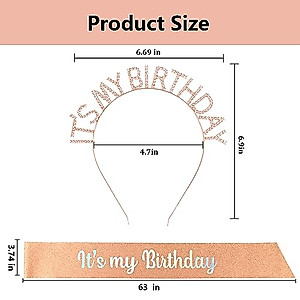 BAHABY Birthday Crowns for Women, It's My Birthday Sash & Birthday Headband Set Princess Birthday Sash and Tiara Birthday Gifts for Women Girls Sweet Happy Birthday Accessories for Party- Rose Gold