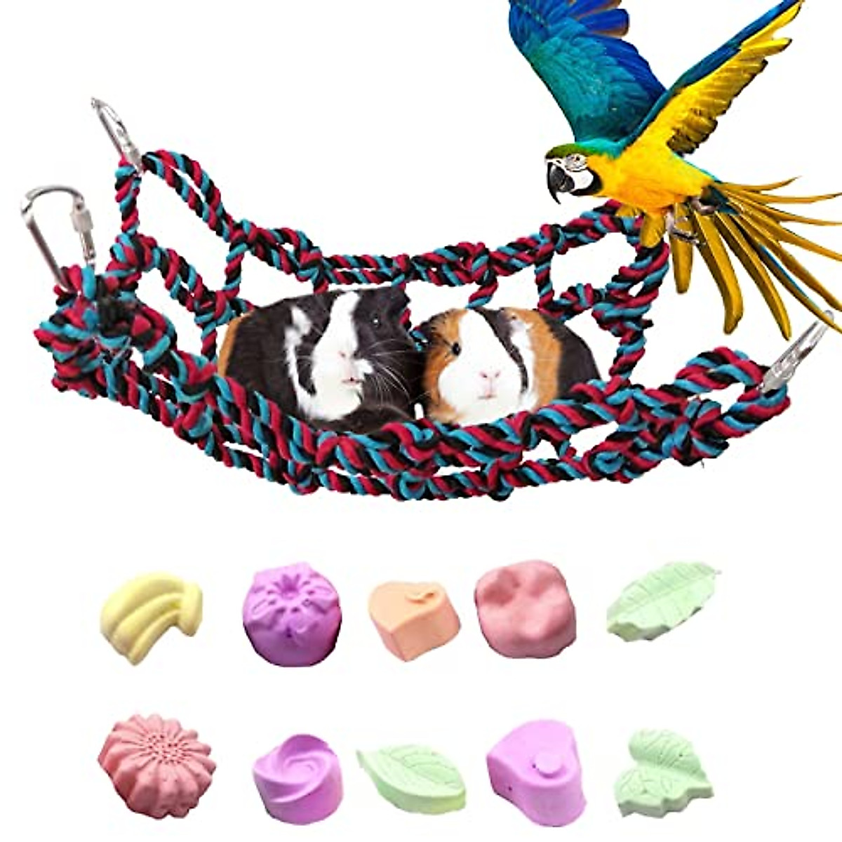 Bird Hemp Rope Net Swing Toy Parrot Perch Climbing Ladder Hanging Hammock with 10 Random Lava Block Stone Small Animal Cage Accessories for Cockatiel Budgie Lovebirds Canaries