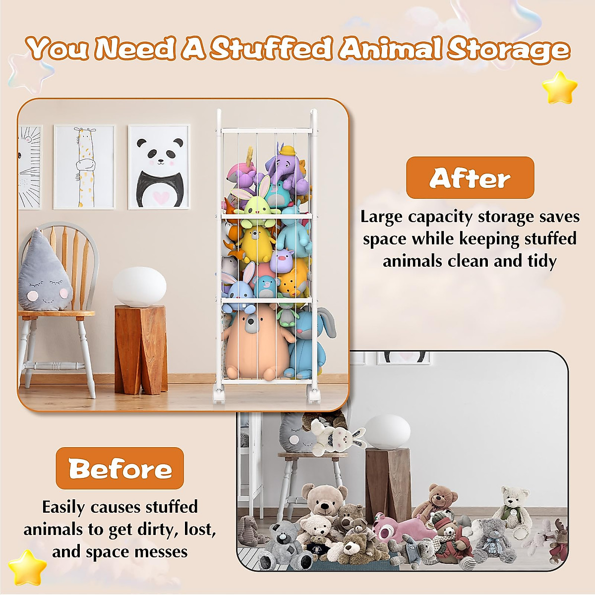 Stuffed Animal Storage, Metal Tube Toy Storage Organizer Extra Large Stuffed Animal Holder With Brake Wheels, Stuffed Animal Zoo Organizer For Nursery Playroom Kids Room White(53.5” x 18.1”x 13”)