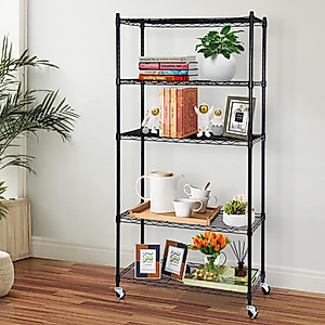ZENY 5-Shelf Heavy Duty Shelving Storage Unit with Casters, Metal Organizer Wire Rack for Kitchen, Office, Garage, Black