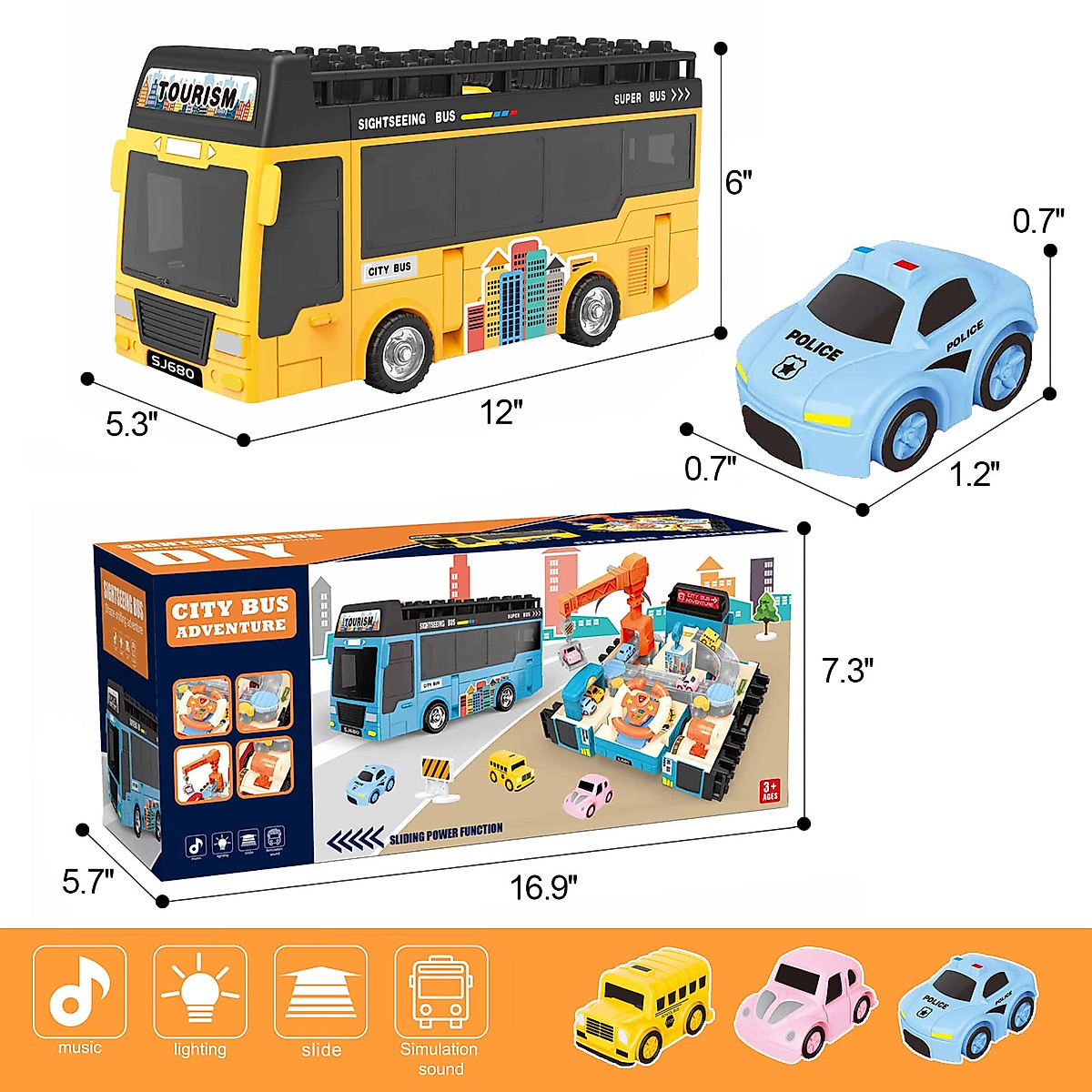 Itcaoseklu Race Track Car Adventure Bus Toys, Tranforming Bus with Sound and Light Simulation Steering Wheel,Vehicle Toy Gift for 3 4 5 6 7 8 Year Old Kids Boys Girls, Yellow