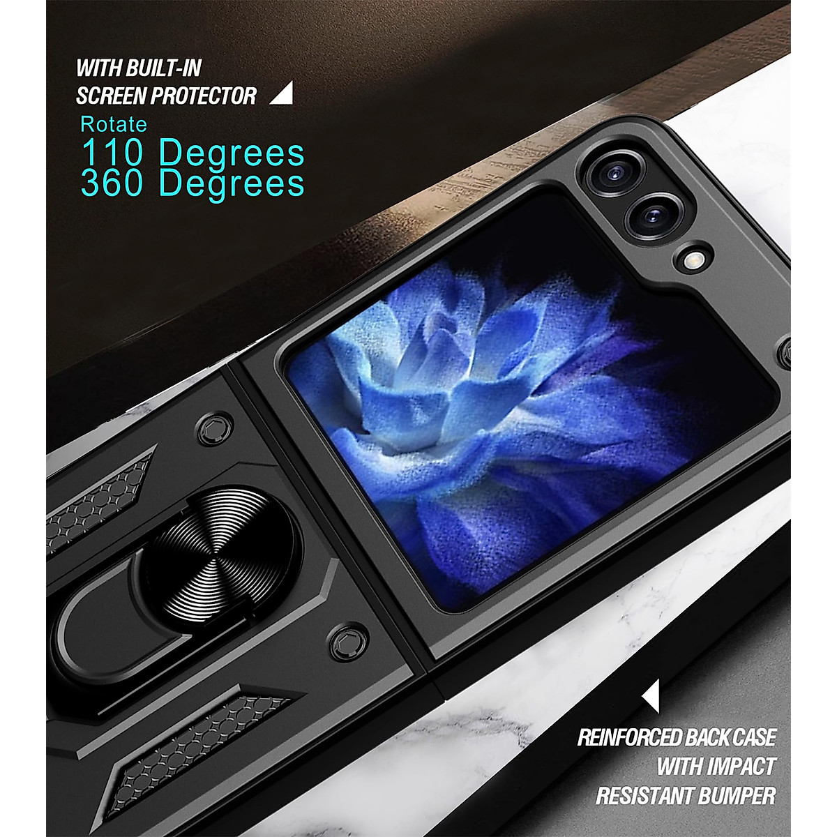 CCSmall for Samsung Galaxy Z Flip5 Case for Men, Military Grade Drop Protective Phone Cover Case with Ring Kickstand for Samsung Galaxy Z Flip 5 SJ Black