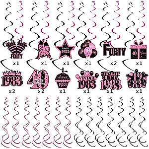 40th Birthday Decorations Women, 45pcs Happy 40 Birthday Party Supplies, 1983 40th Birthday Hanging Swirls for Her, Pink Dangling Spinners Foli Decor, Forty Years Old Bday Ceiling Party Favors