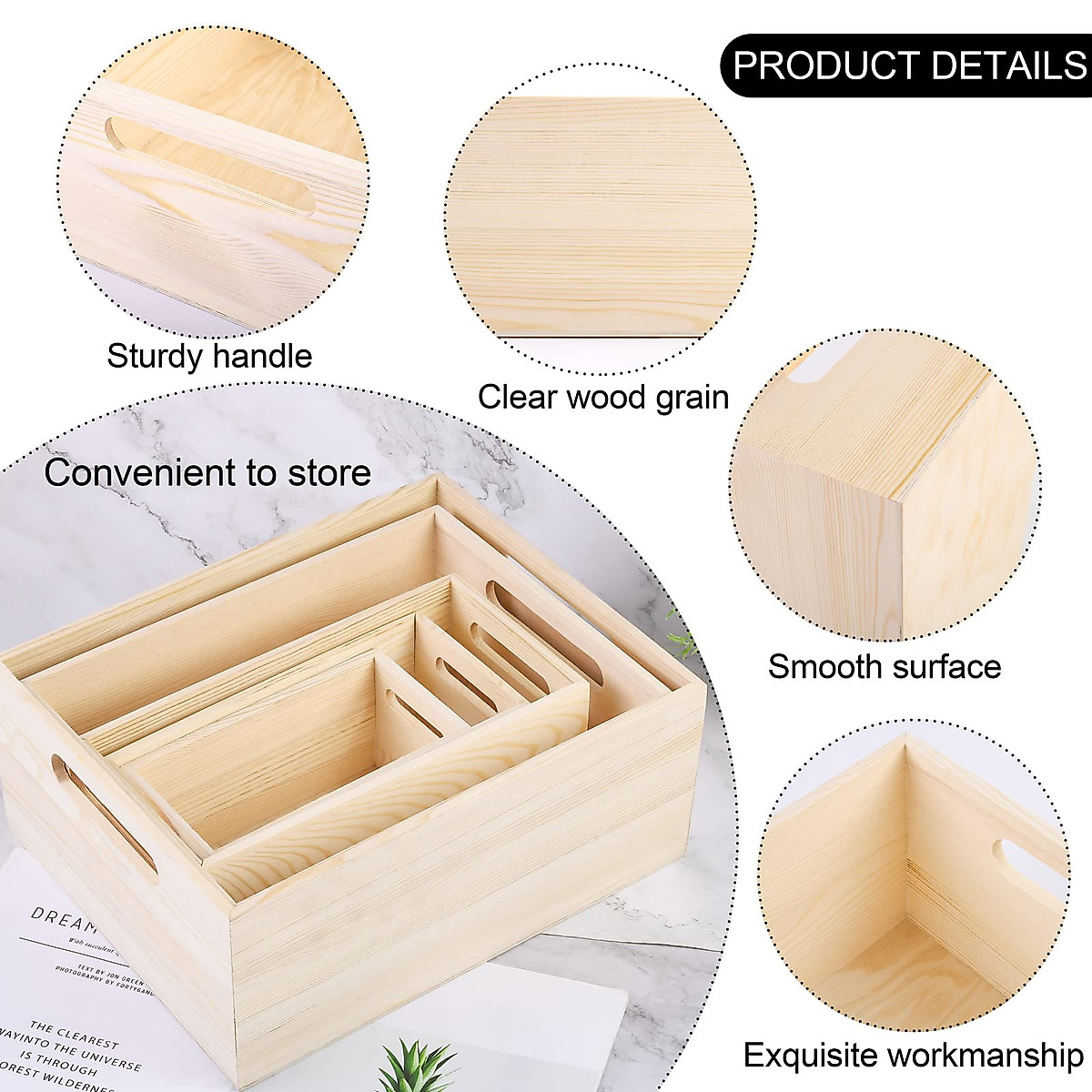 Aodaer 5 Packs Unfinished Wood Box Wood Crates Cutout Handles DIY Decorative Nesting Wood Box Treasure Box for Crafts, Decoration, Storage (Natural)