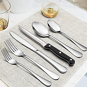 LIANYU 24-Piece Silverware Set with Steak Knives for 4, Plus Drawer Organizer, Stainless Steel Flatware Cutlery Set, Modern Eating Utensils Tableware Include Forks Sppons Knives, Dishwasher Safe
