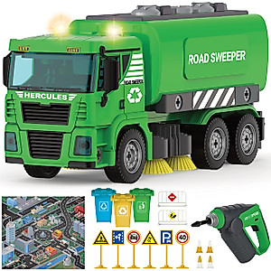 Street Sweeper Toy - 130 Pcs Friction Power STEM Take Apart Toys with Drill, Push & Go Lights & Sounds for Kids - Sanitation Trash Construction Vehicle Playset for Boys Ages 4 5 6 7 8 Years Old