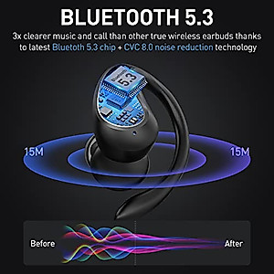 Wireless Earbuds Bluetooth 5.3 Headphones 40hrs Play Sport Headphones with Dual LED Display, Bluetooth Earbuds IP7 Waterproof with Earhooks, Touch Control Ear buds with Immersive Sound for Workout