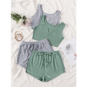 Milumia Women's 4 Pieces Ribbed Knit Crop Tank Top and Drawstring Waist Shorts Pajama Set Loungewear Grey and Green X-Large