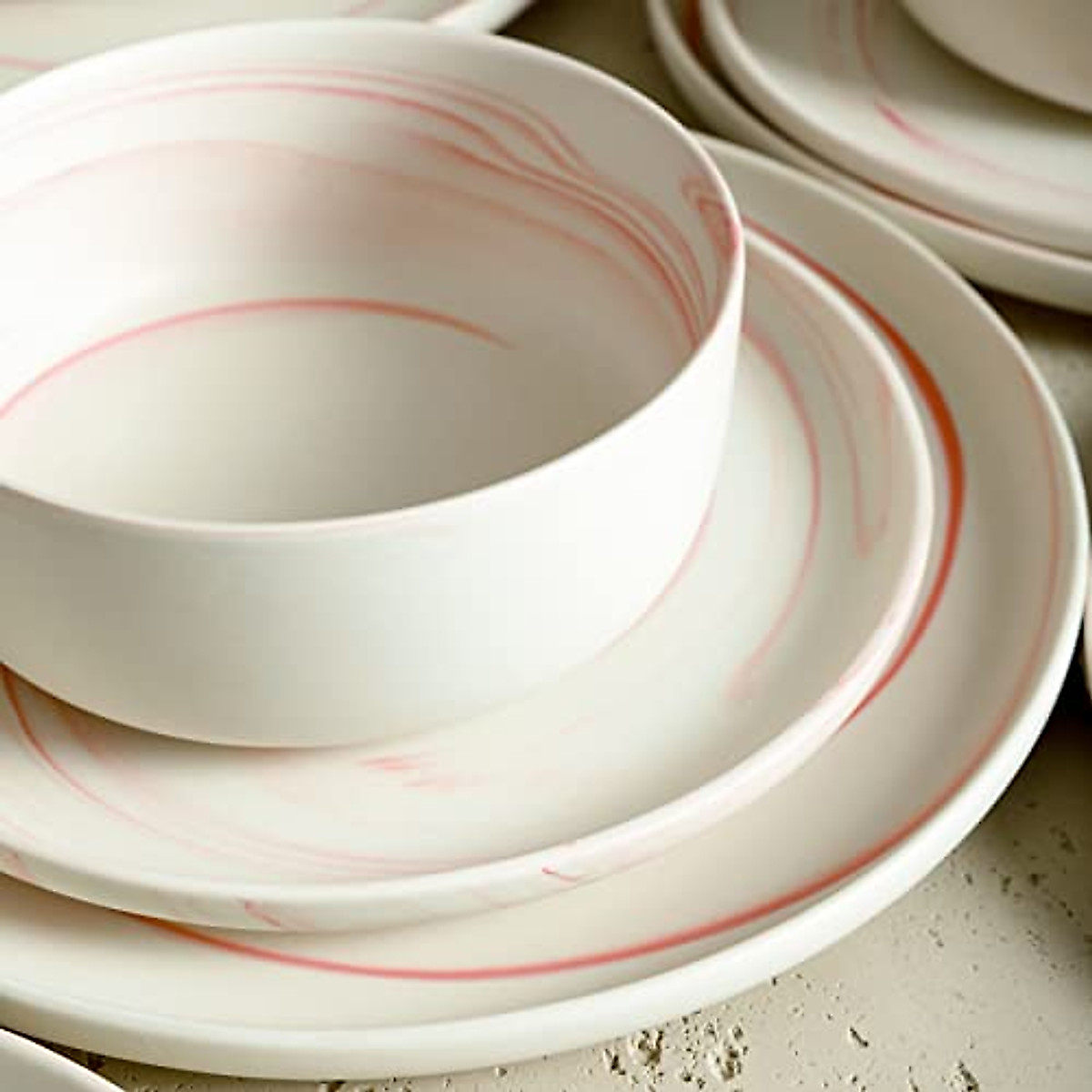 Stone Lain Marble Porcelain Dinnerware Set, 16 Piece Service for 4, Matte Pink