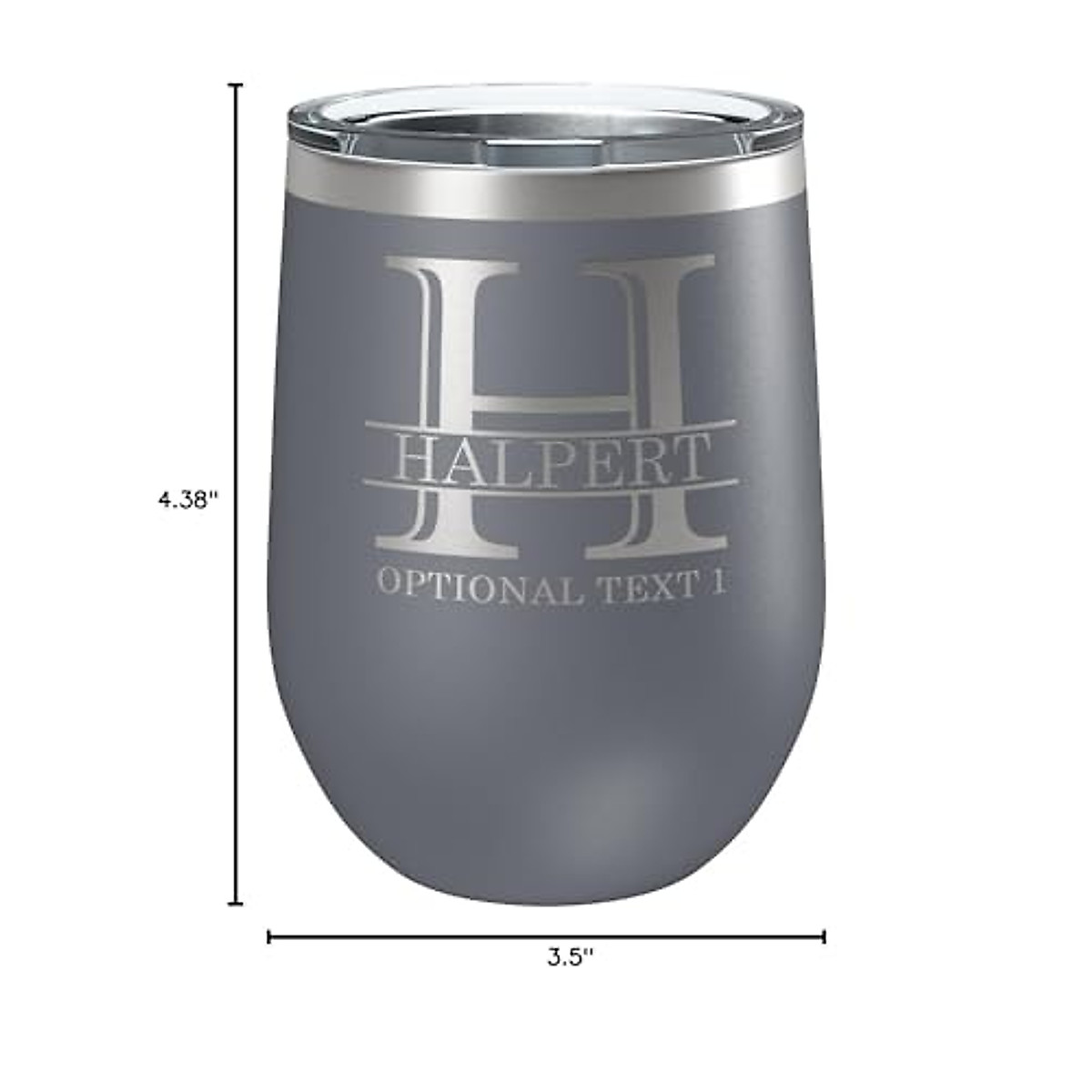 Personalized 12oz (17 Colors) Powder Coated Stainless Steel Stemless Wine Tumbler with Lid, Custom Etched, Customized Gift for Women Her, Wine Lover, Halpert Monogram Initial Name (Gray)