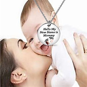 LQRI Pregnant Mom to Be Gift New Mom Gift Hello My New Name is Mommy Necklace Baby Footprint Mommy To Be Gifts First Time Mom Gift for Expecting Mother (Sliver)