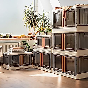 Shahoo Storage Bins with Lids, 19 Gal Pack 4 Clear Plastic Collapsible Containers, Equipped with Door, Stackable Storage Box with Latching Buckles & Wheel, Organizer for Bedroom, Livingroom, Kitchen