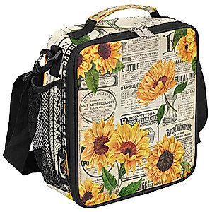 JXDXHCW Retro Newpaper Sunflower Insulated Lunch Bag for Women Men Boys Girls, Vintage Floral Print Tote Crossbody Lunchbox Portable Meal Bag for Office Work School