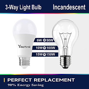 Youtime 3 Way Light Bulbs 50 100 150 Watt Equivalent Soft White A21, Incandescent Replacement,6/15/20w Energy Saving Safety Three Way Light Bulbs, 500 1600 2200 Lumens, E26 Medium Base, 4Pack