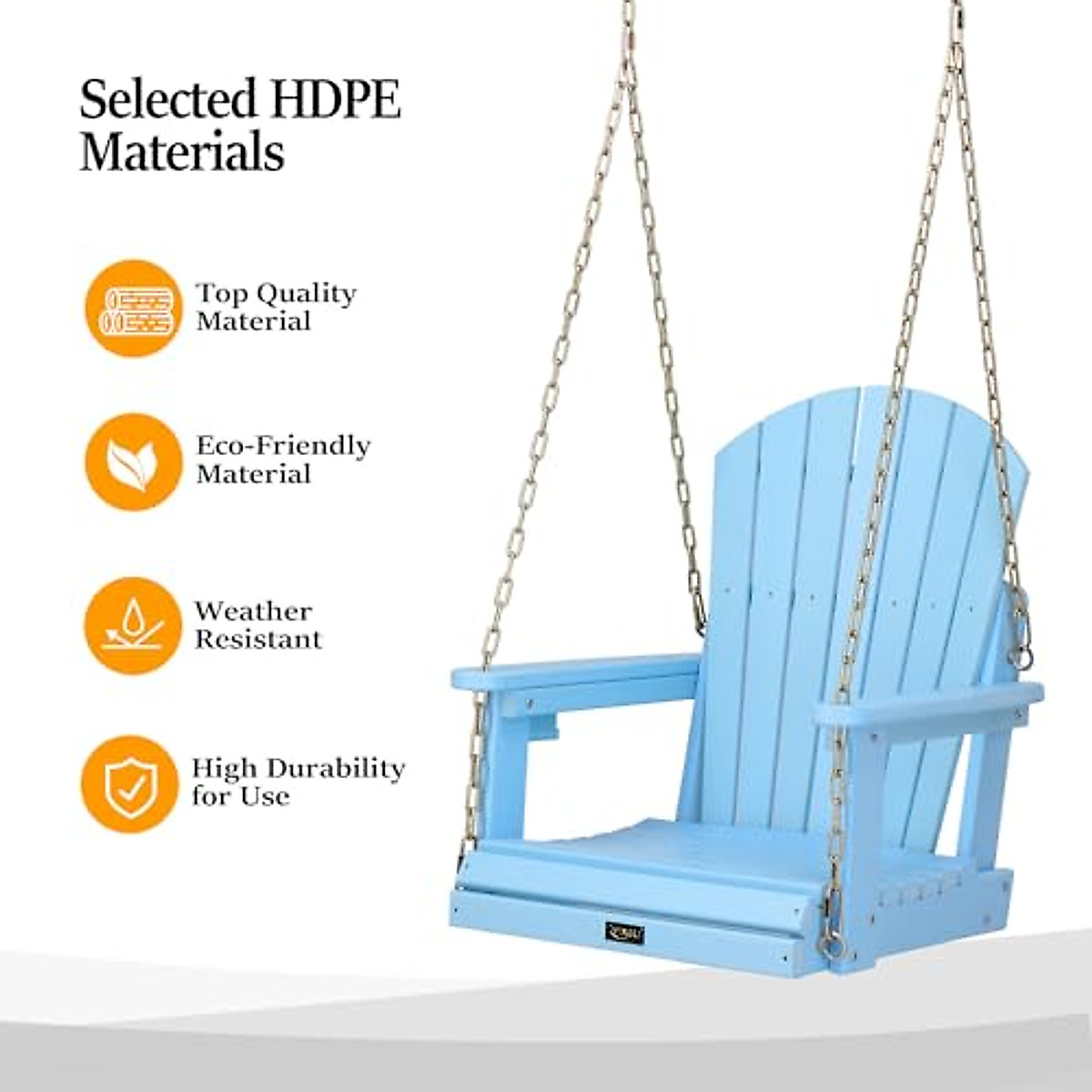 VINGLI Heavy Duty 880 LBS HDPE Porch Swing Outdoor with Rotatable Cup Holder, 1-Person Patio Hanging Swing with Adjustable Chains for Porch, Yard, Tree, Garden (Lake Blue)